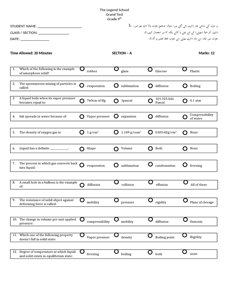 Grade 9 Grand Test Chapter 5 | PDF | Gases | Liquids