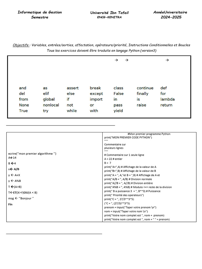 SERIE TD N° 1 ALGORITHMIQUE_ & PYTHON_ S6_ 2025 | PDF | Variable (informatique) | Python ...