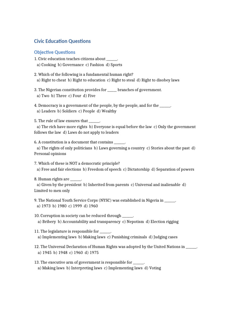 Civic Education Questions for SS3 Students | PDF | Democracy ...