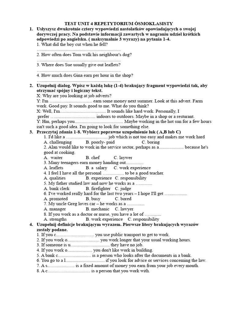 SPRAWDZIAN UNIT 4 PRACA KLASA 7 | PDF