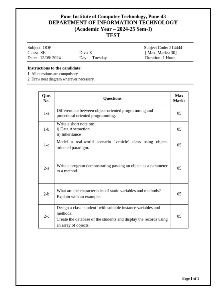 OOP Question Paper | PDF