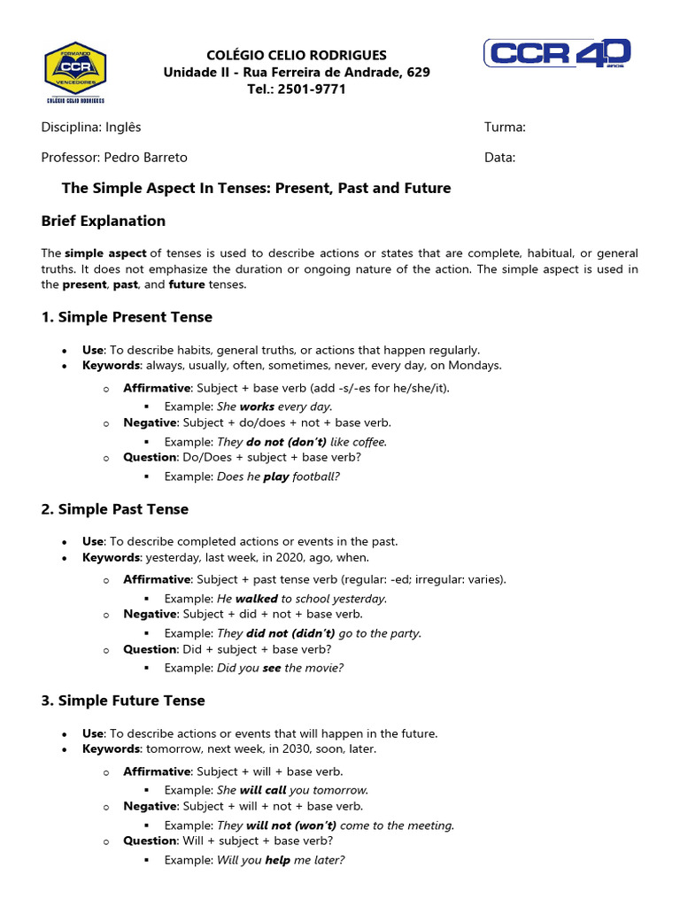 The Simple Aspect in Tenses | PDF | Grammatical Tense | Verb