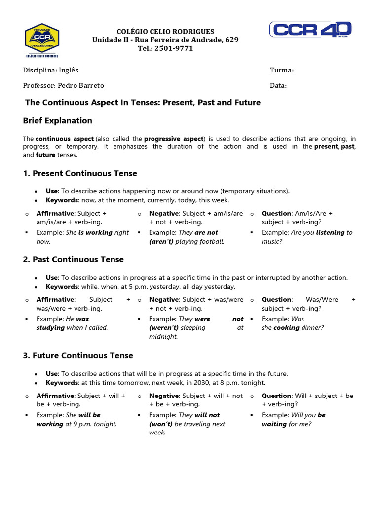 The Continuous Aspect in Tenses | PDF | Grammatical Tense | Subject (Grammar)