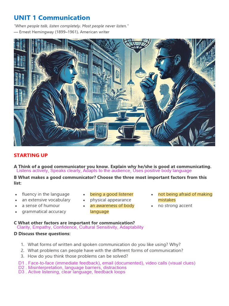 UNIT 1 Communication (Answer Key) | PDF | Communication | Jargon