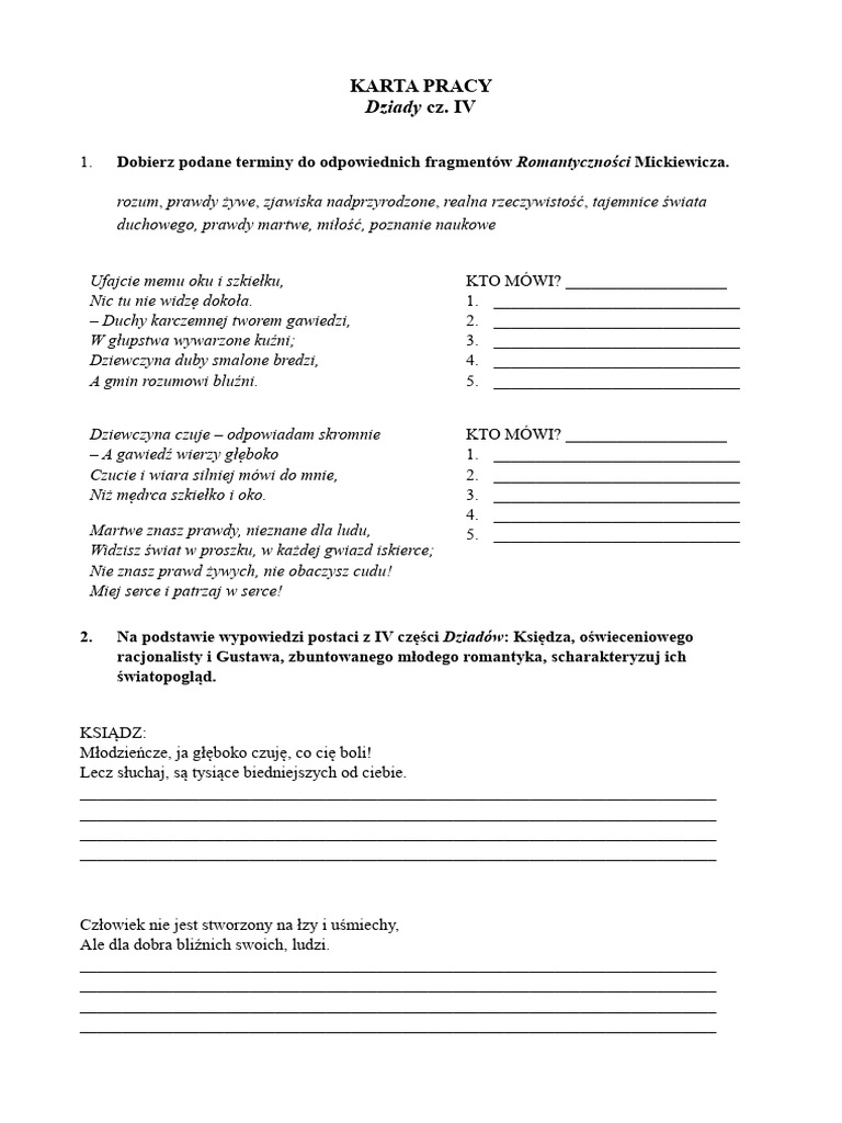 KARTA PRACY - DZIADY Cz. IV | PDF