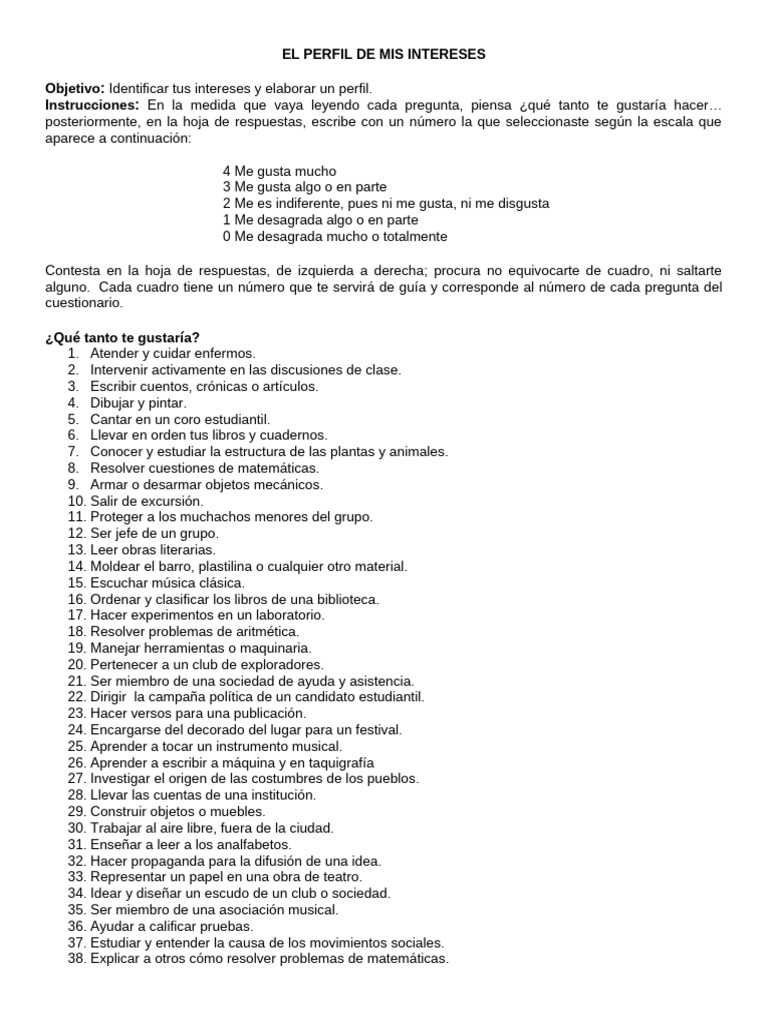 Cuestionario Intereses y Aptitudes | PDF