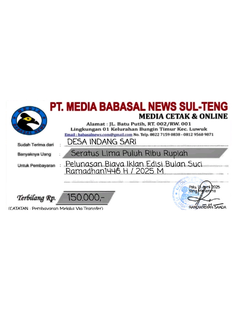 Kwitansi Pembayaran Desa Indang Sari | PDF