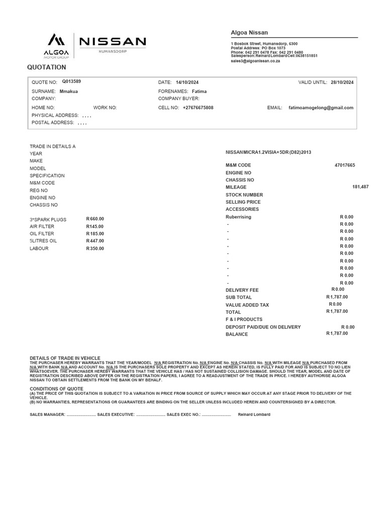 Nissan Micra Quotation Details 2013 | PDF | Sales | Prices