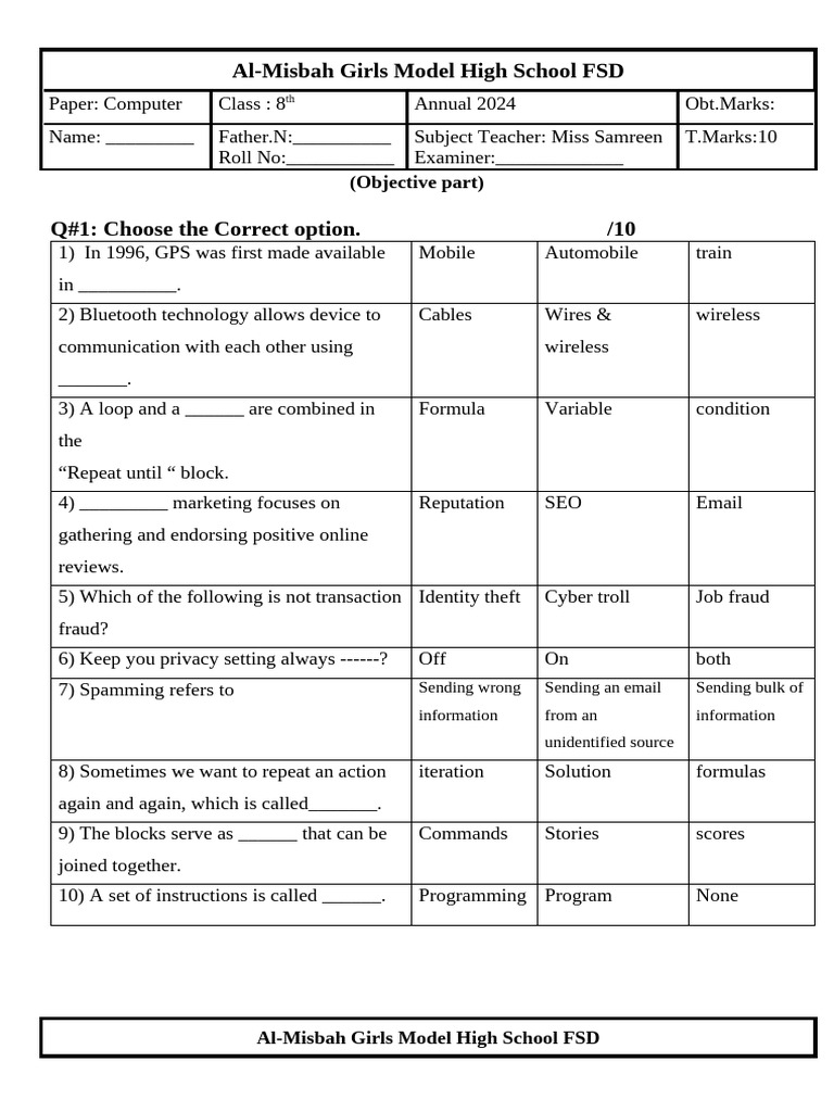 Class 8th Annual 2024 Computer | PDF | Computing | Computer Science