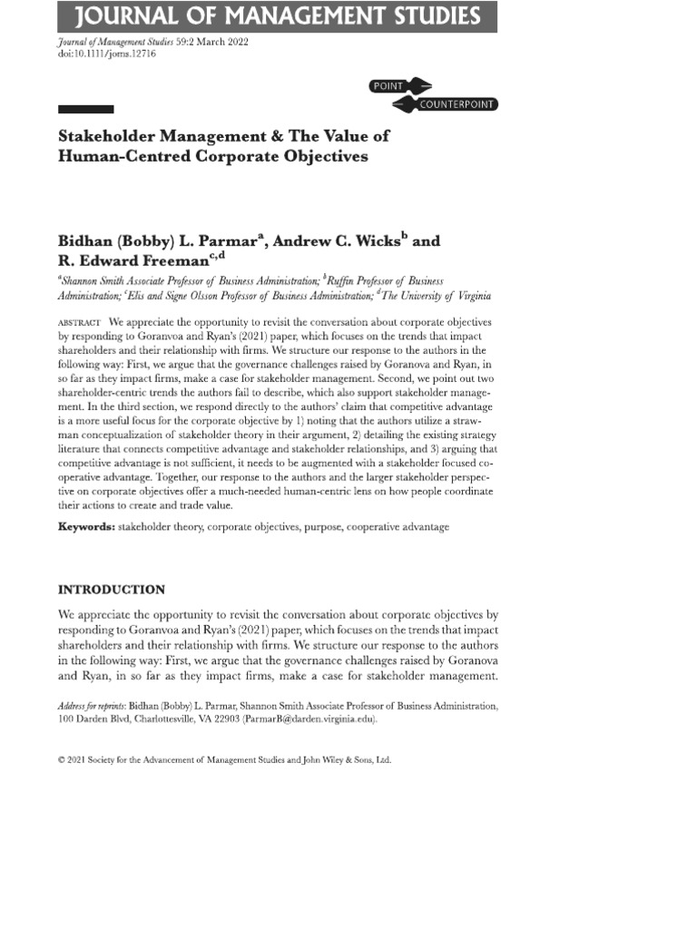 Parmar - Stakeholder Management & The Value of Human | PDF