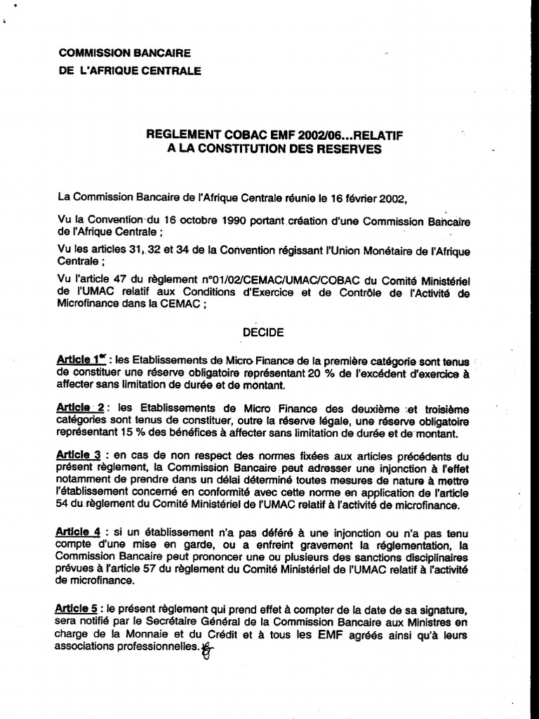COBAC Reglement 2002 06 Constitution Des Reserves | PDF