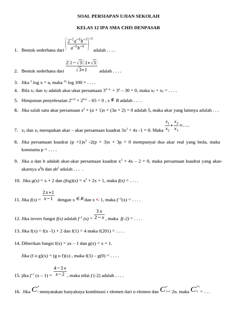Latihan Soal Ujian Sekolah 12 Ipa | PDF