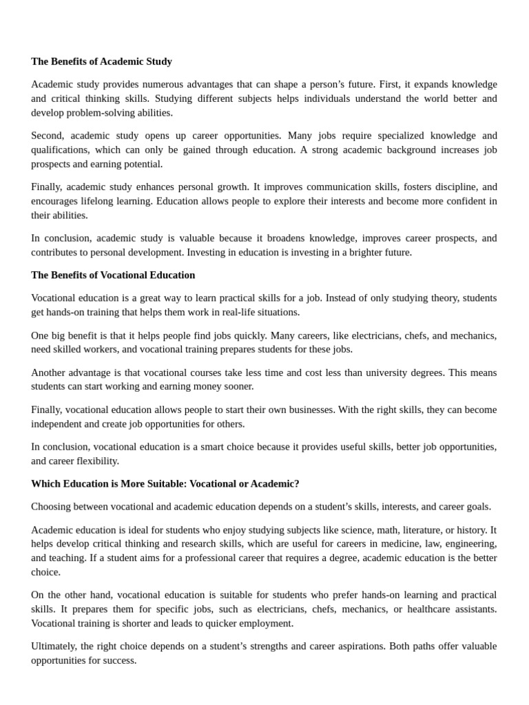 The Benefits of Academic Study Vocational Education | PDF | Vocational ...