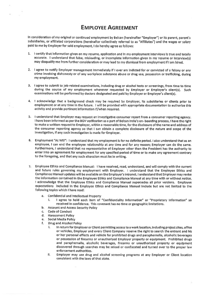 Employee Agreement | PDF