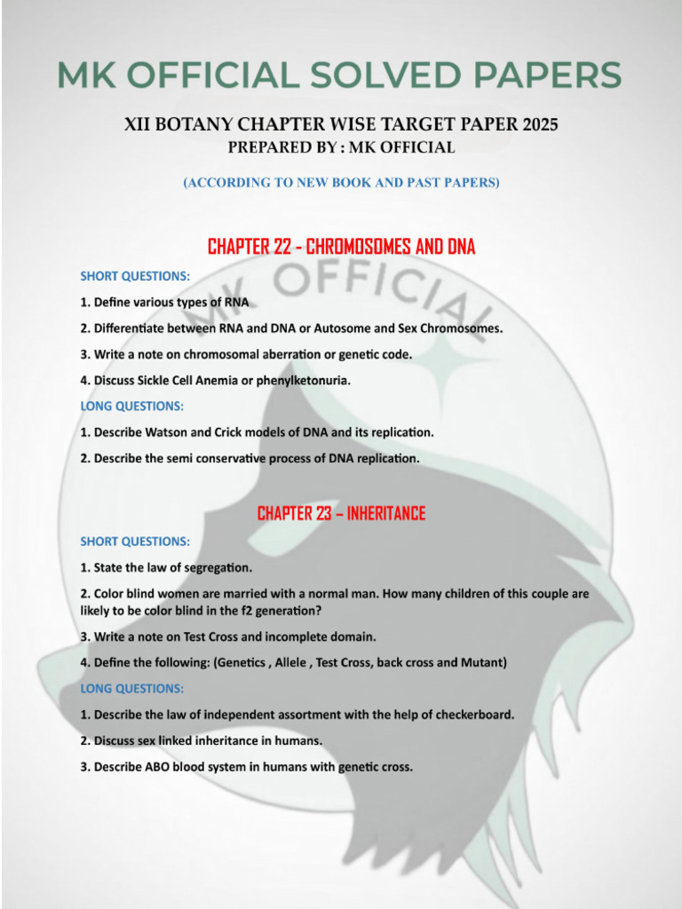 Xii Botany Chapter Wise Target Paper 2025 by MK Official. | PDF