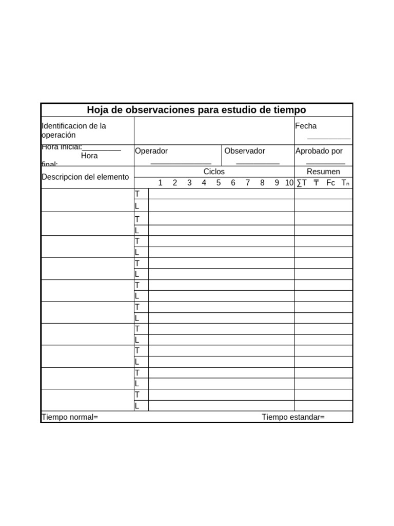 Hoja de Observaciones Para Estudio de Tiempos | PDF
