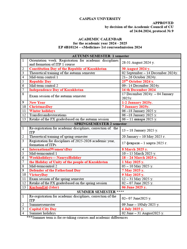 Caspian University Academic Calendar 2024-2025 | PDF | Academic Term ...