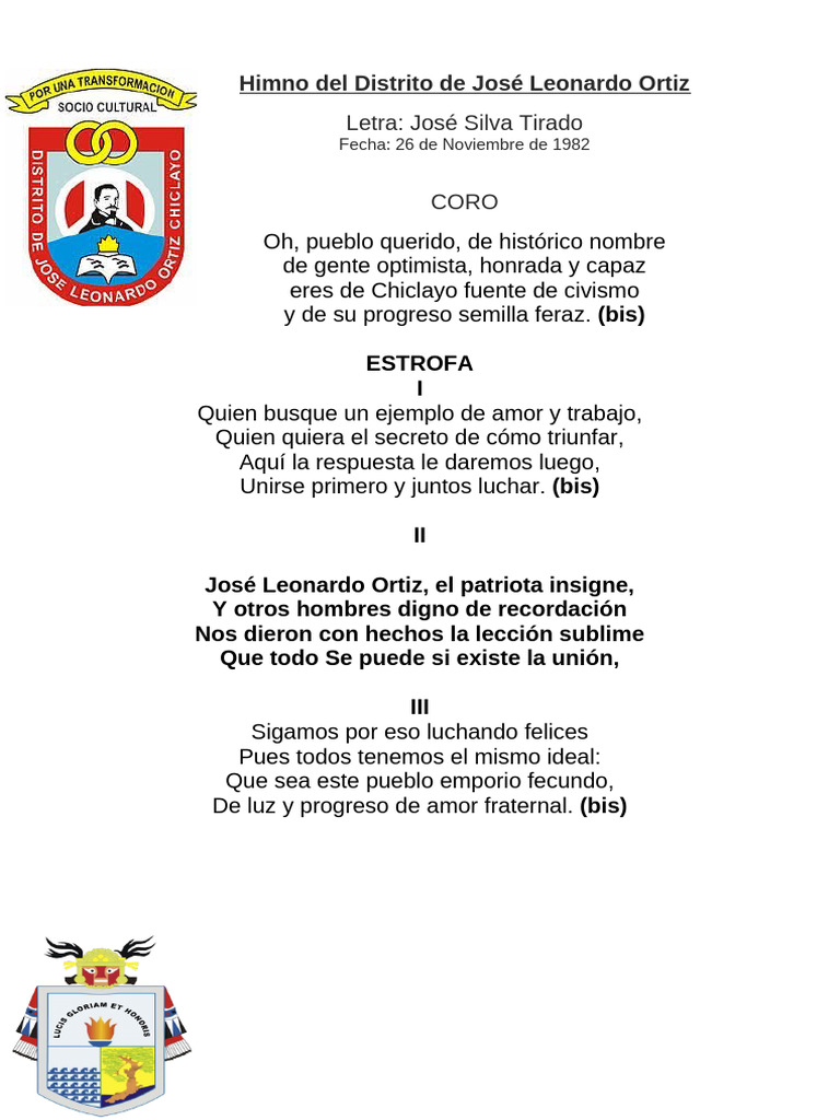 Himno del Distrito José Leonardo Ortiz | PDF