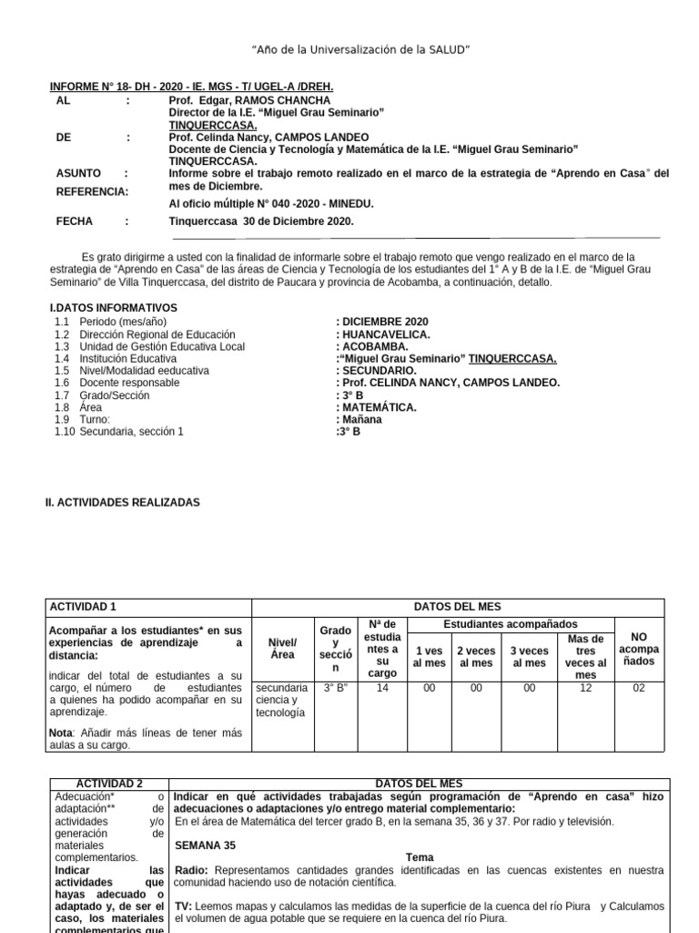 Informe Del Mes de Diciembre Mate 3° B | PDF | Residuos