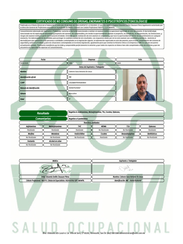 Examen Antidoping - Cabrera Sosa Antonio de Jesus | PDF | Cuidado de la salud | Medicina