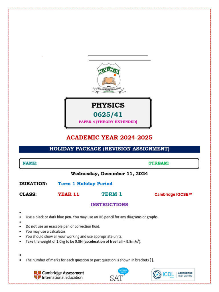 Year 11 Igcse Physics Holiday Package Term 1 | PDF | Gases | Force