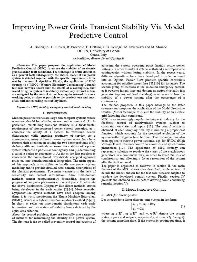 Improving Power Grids Transient Stability Via Model Predictive Control | PDF | Linear ...