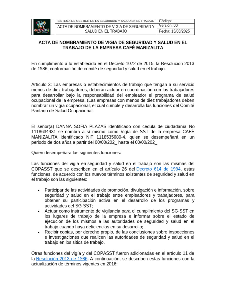 Acta de Nombramiento Del Vigia de Seguridad y Salud en El Trabajo | PDF | Vigilancia