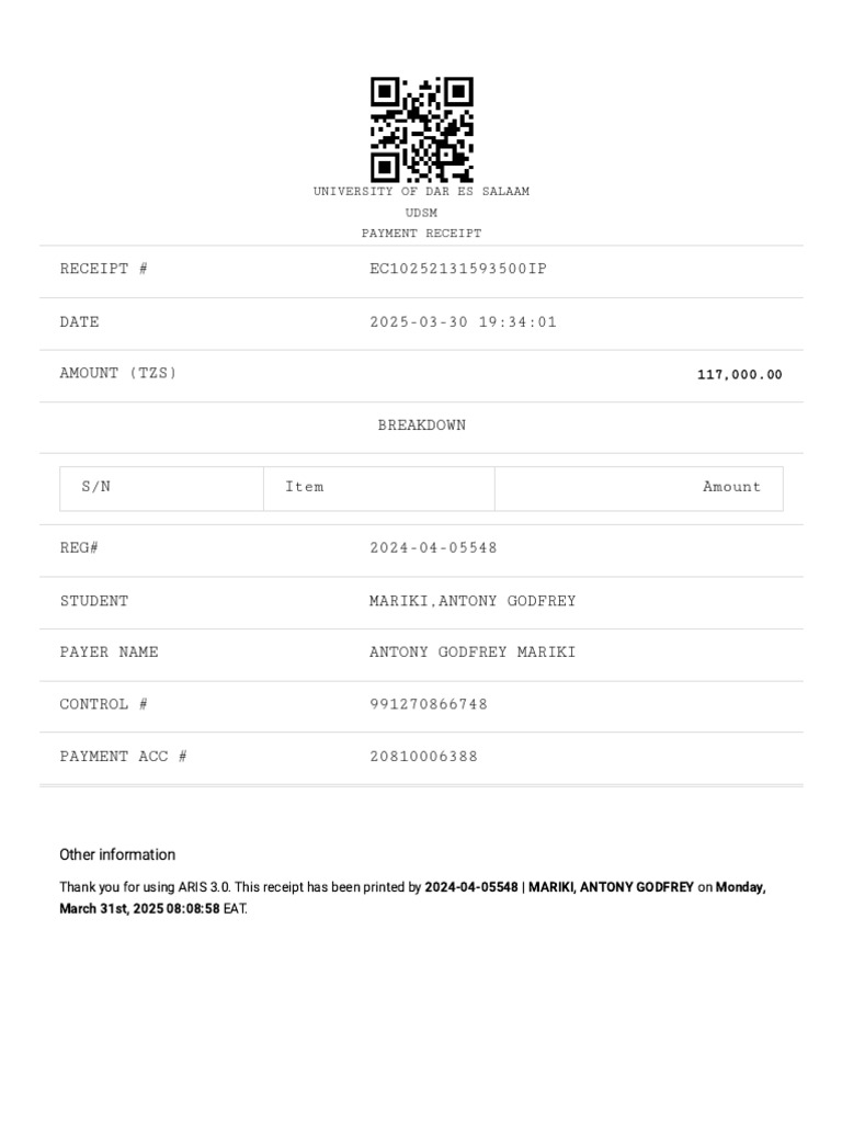 Payment Receipt Printout by 2024-04-05548 - MARIKI, ANTONY GODFREY On ...