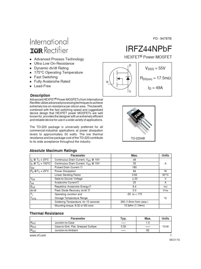 Infineon IRFZ44N DataSheet v01 01 En-3363173 | PDF | Diode | Mosfet
