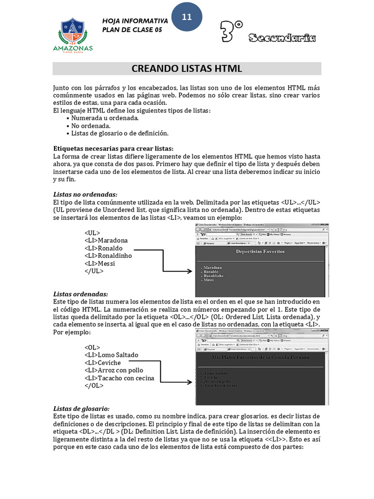 Hoja informativa 05 -CREANDO LISTAS HTML | PDF | Lenguaje de marcado | HTML