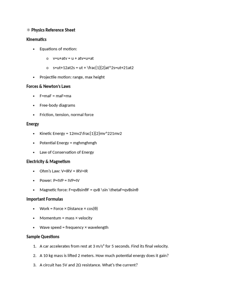 Physics Reference Sheet | PDF