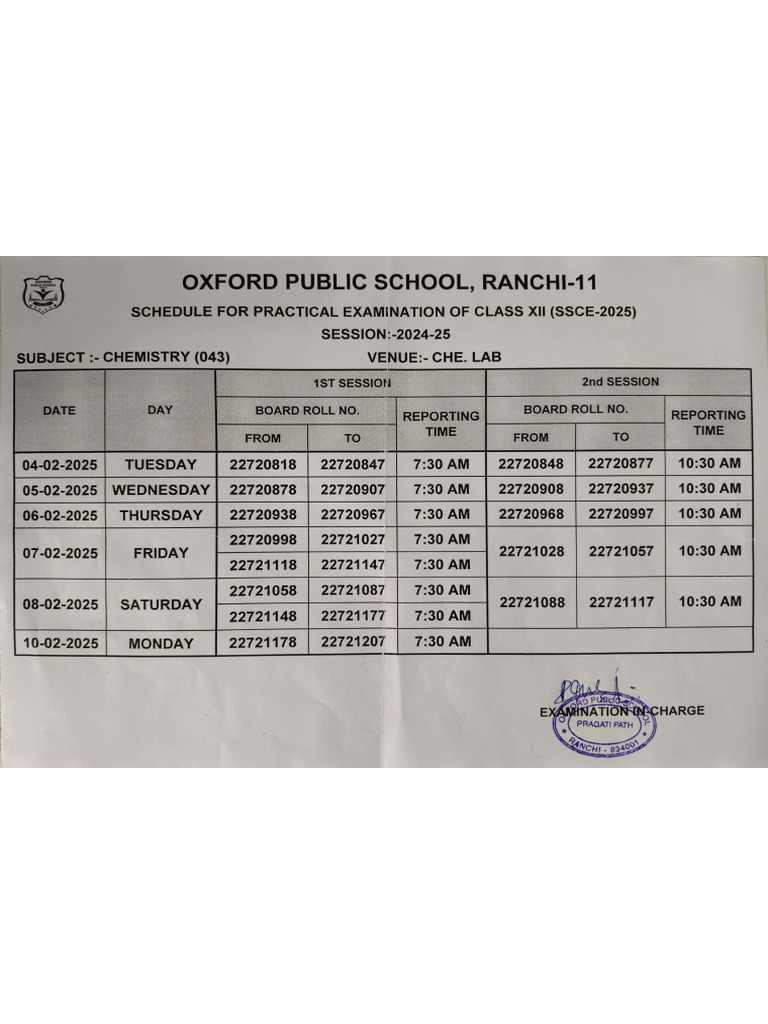 Revised Chemistry Board Practical Examination Schedule | PDF