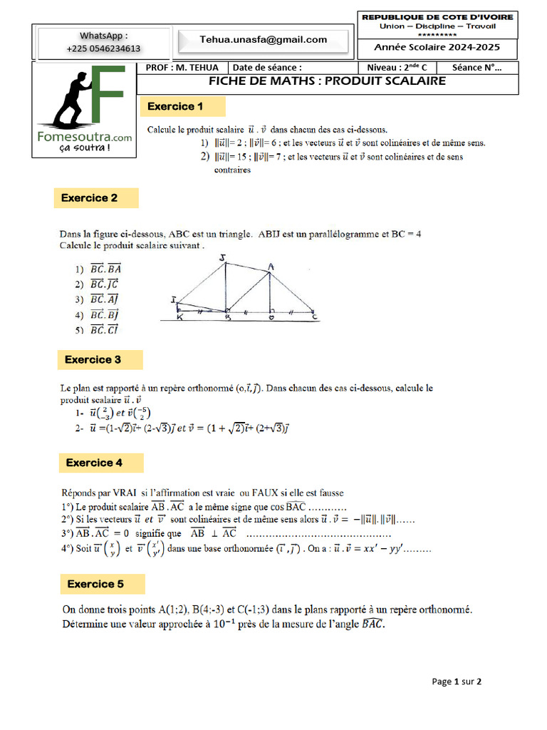 Fiche de Maths : Produit Scalaire 2nde C | PDF
