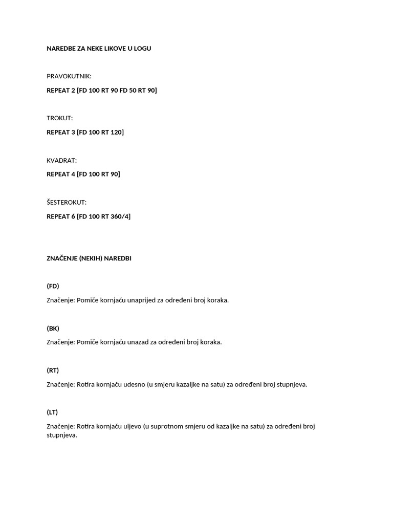 Naredbe Za Neke Likove U Logu (Informatika 5) | PDF