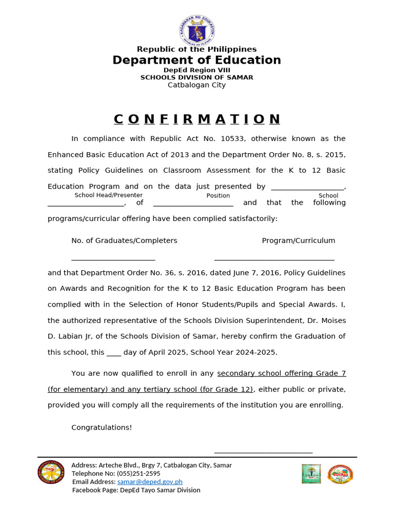 Graduation Confirmation for K-12 Students | PDF