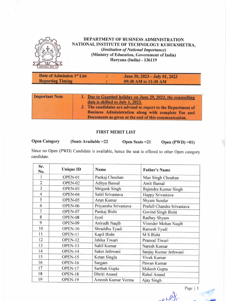 First Merit List MBA Admisisons 2023 25 | PDF