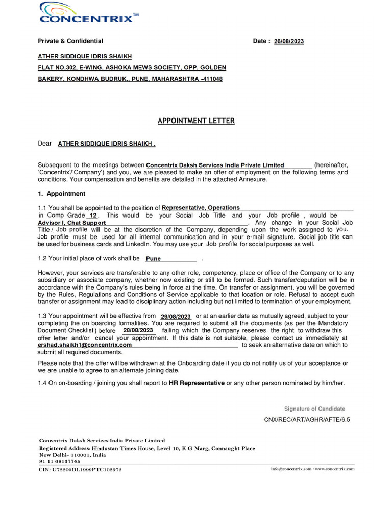 Ather's Concentrix Offer Letter | PDF
