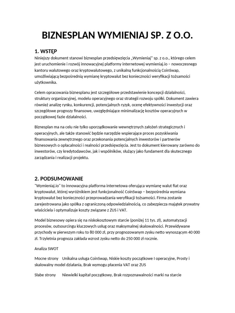 Biznesplan Wymieniaj | PDF