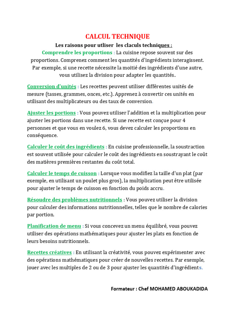 Calculs Techniques en Cuisine | PDF | Litre | Division