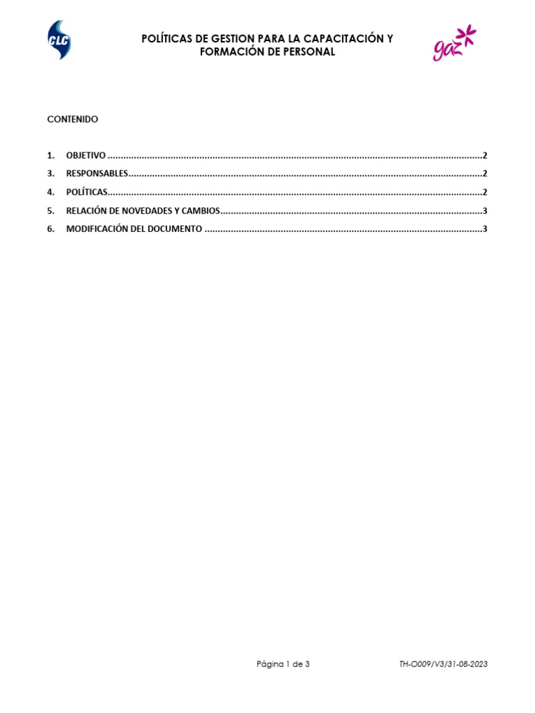 TH-O009 Politica para La Capacitación y Formación de Personal V3 | PDF
