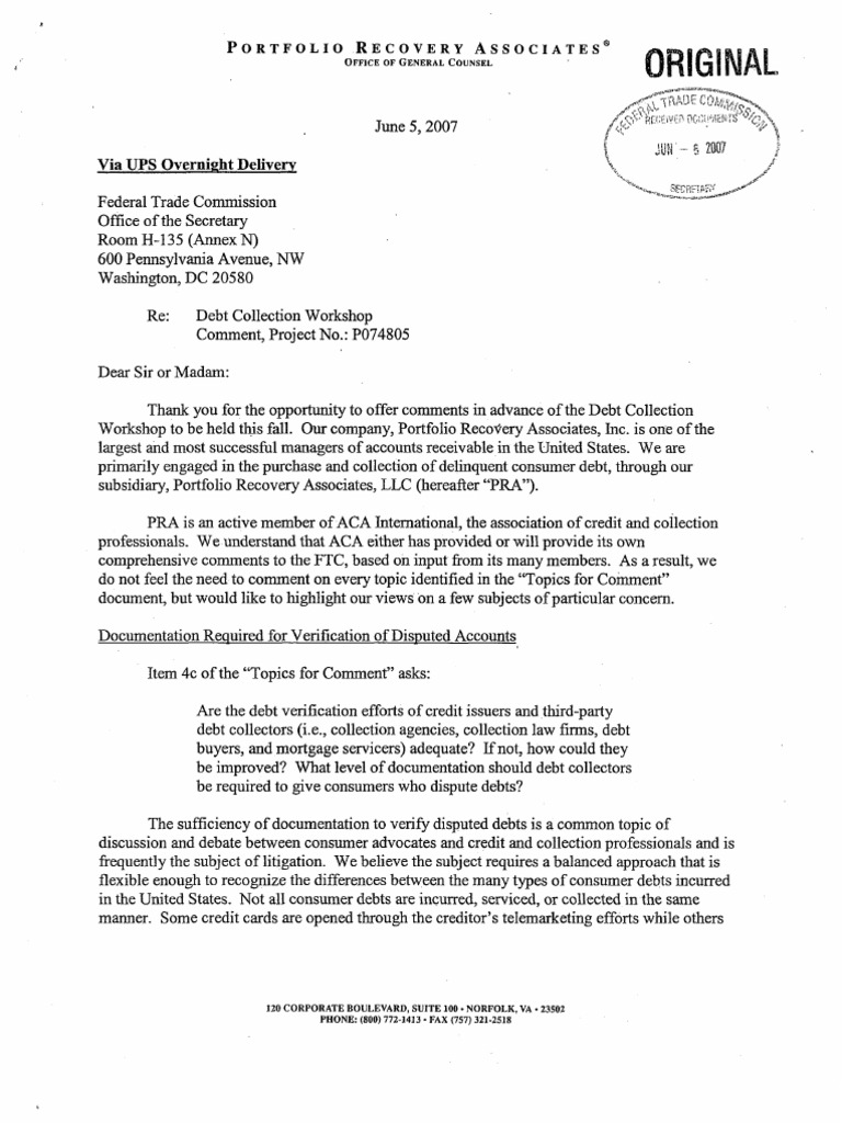 Portfolio Recovery Associates Comments To The FTC Debt Collection ...