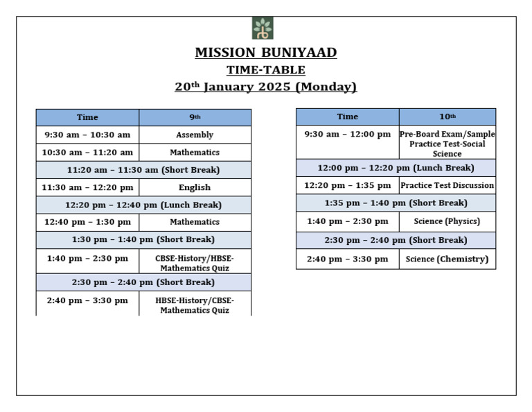 9th&10th - Time Table - 20th Jan. 2025 (Monday) | PDF
