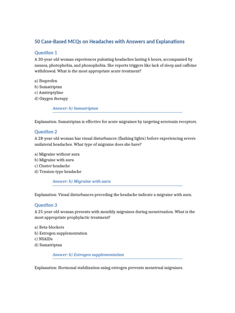 Case Based Headache MCQs | PDF | Headache | Migraine