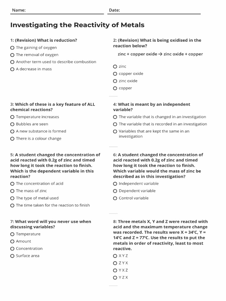 Displacement Reactions of Metals Intro Quiz Questions | PDF