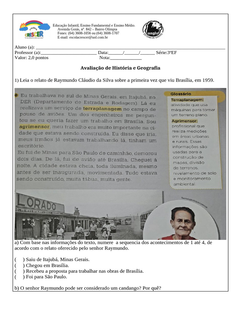 Avaliação de História e Geografia 3º EF | PDF | Paisagem | Herança cultural