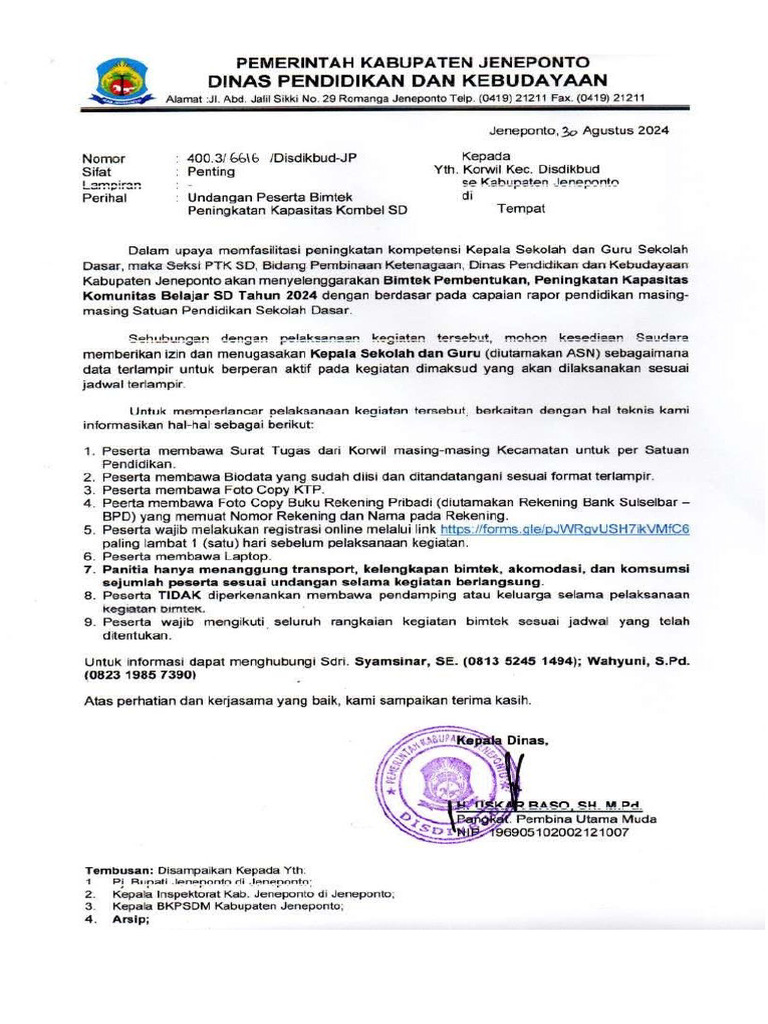 Undangan Peserta Bimtek Kombel SD | PDF