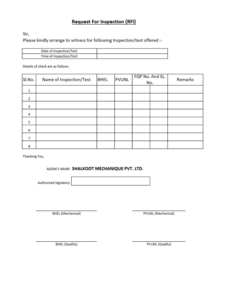 Request For Inspection (RFI) : Sir, Please Kindly Arrange To Witness ...