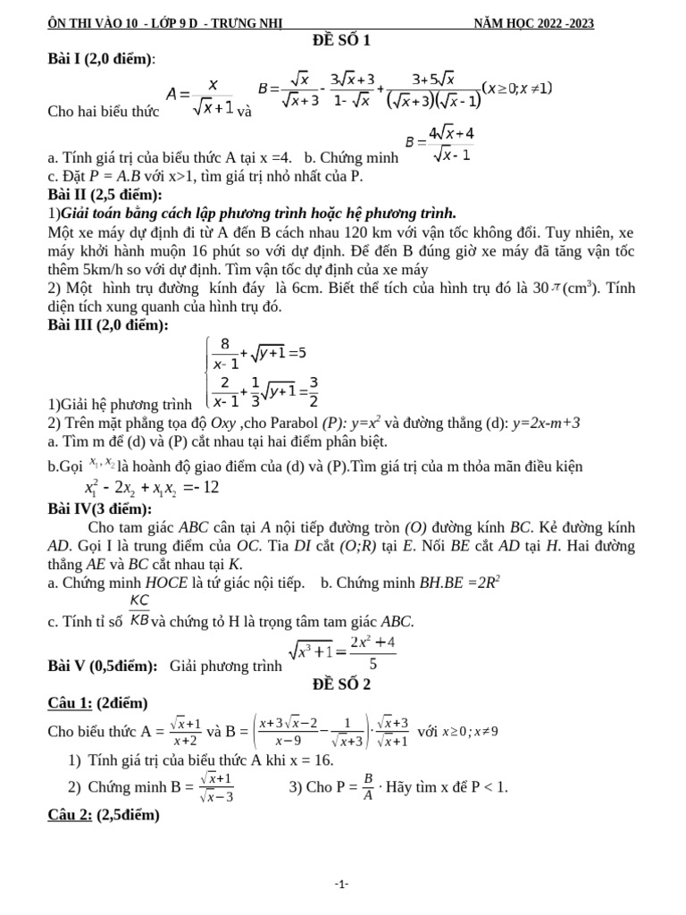 20 de on Tap Giua Ky 1- Toan 9d- 2023 | PDF