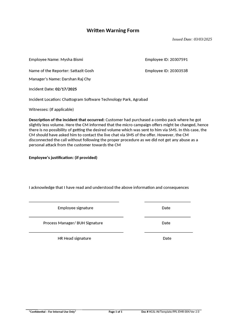 Employee Written Warning Form | PDF