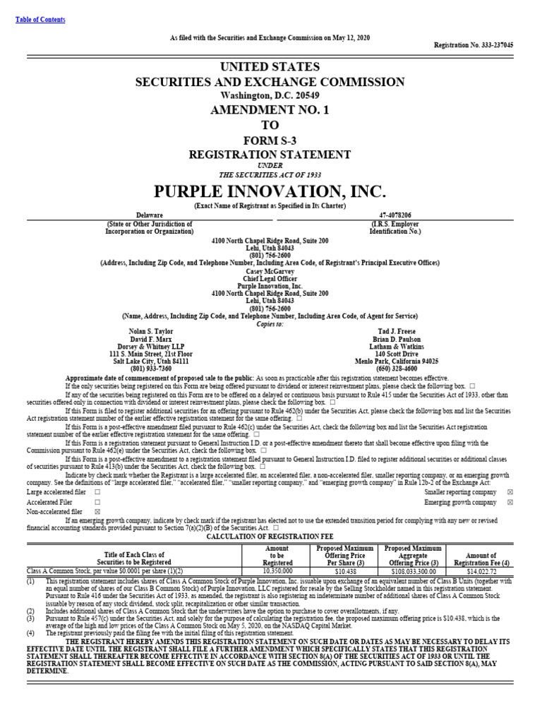 Purple Innovation, Inc.: United States Securities and Exchange ...